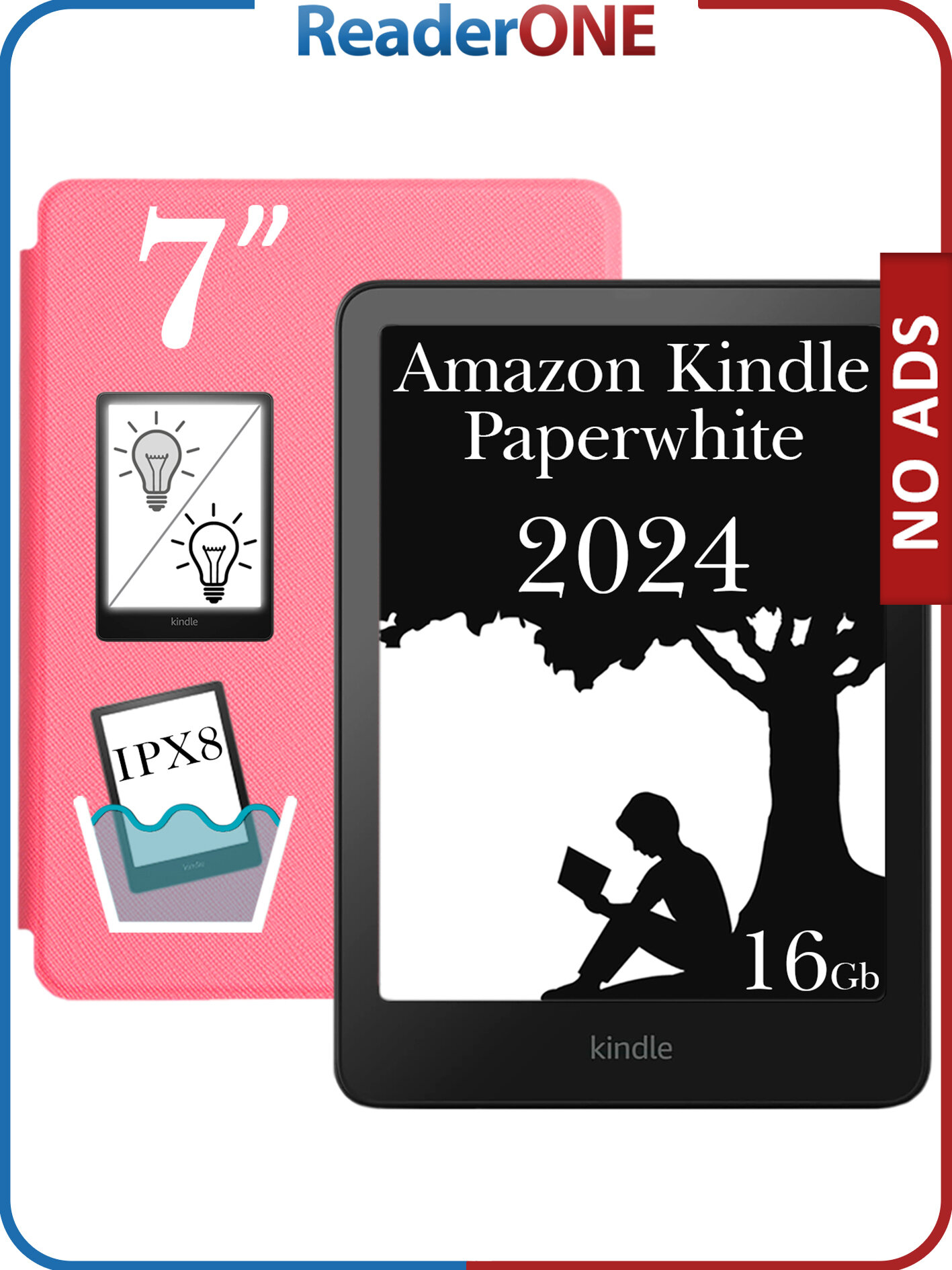 Электронная книга Amazon Kindle PaperWhite 12 2024 16Gb Black, версия без рекламы с обложкой ReaderONE Pink
