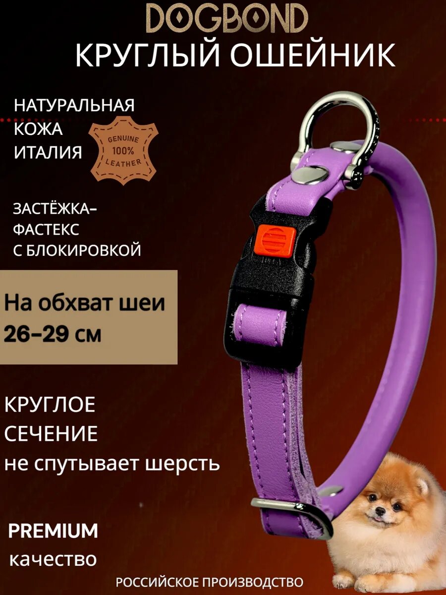 Dogbond Ошейник для шпица круглый кожаный 26-29 см