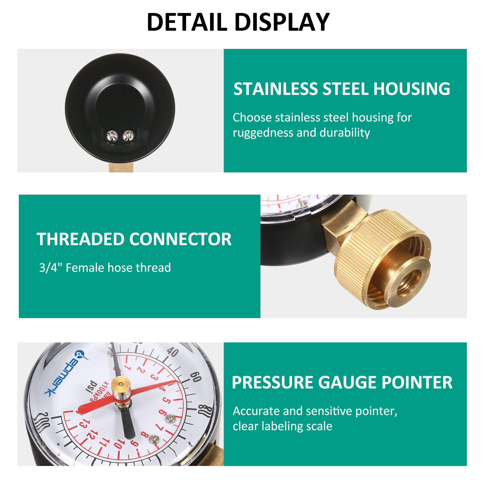 Манометр для измерения давления воды 2-1/2 дюйма, шланг с внутренней резьбой 3/4 дюйма, 0-200 фунтов на кв. дюйм с красным индикатором