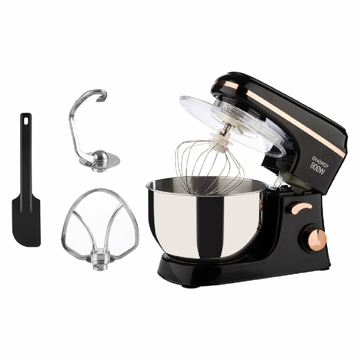 Миксер планетарный ENERGY EN-265 черный мощность 800Вт 5 скоростей объем чаши 5л насадки венчик крюк для теста лопатка