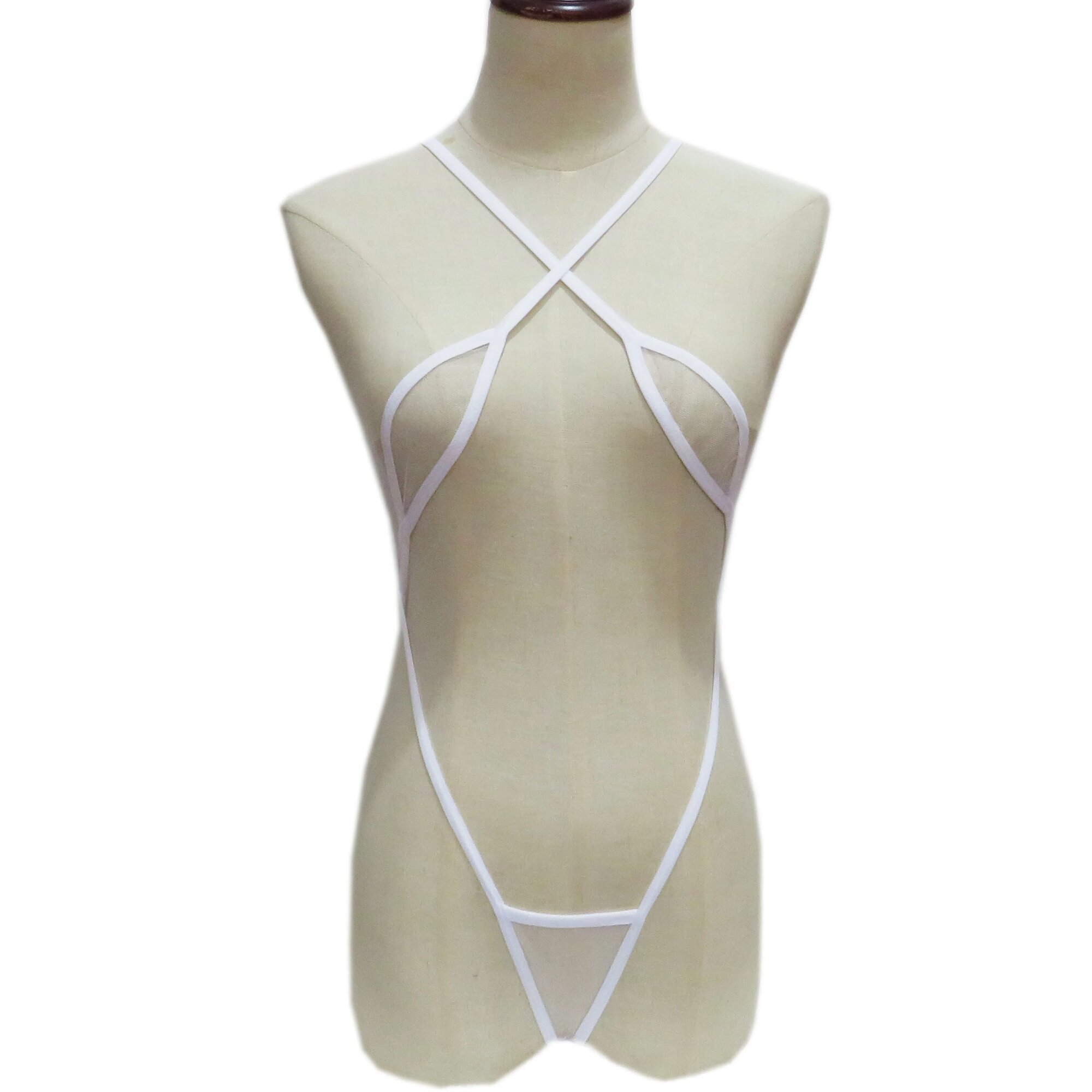 Женское цельное нижнее белье, сексуальный прозрачный маленький купальник с лямкой на шее, белый