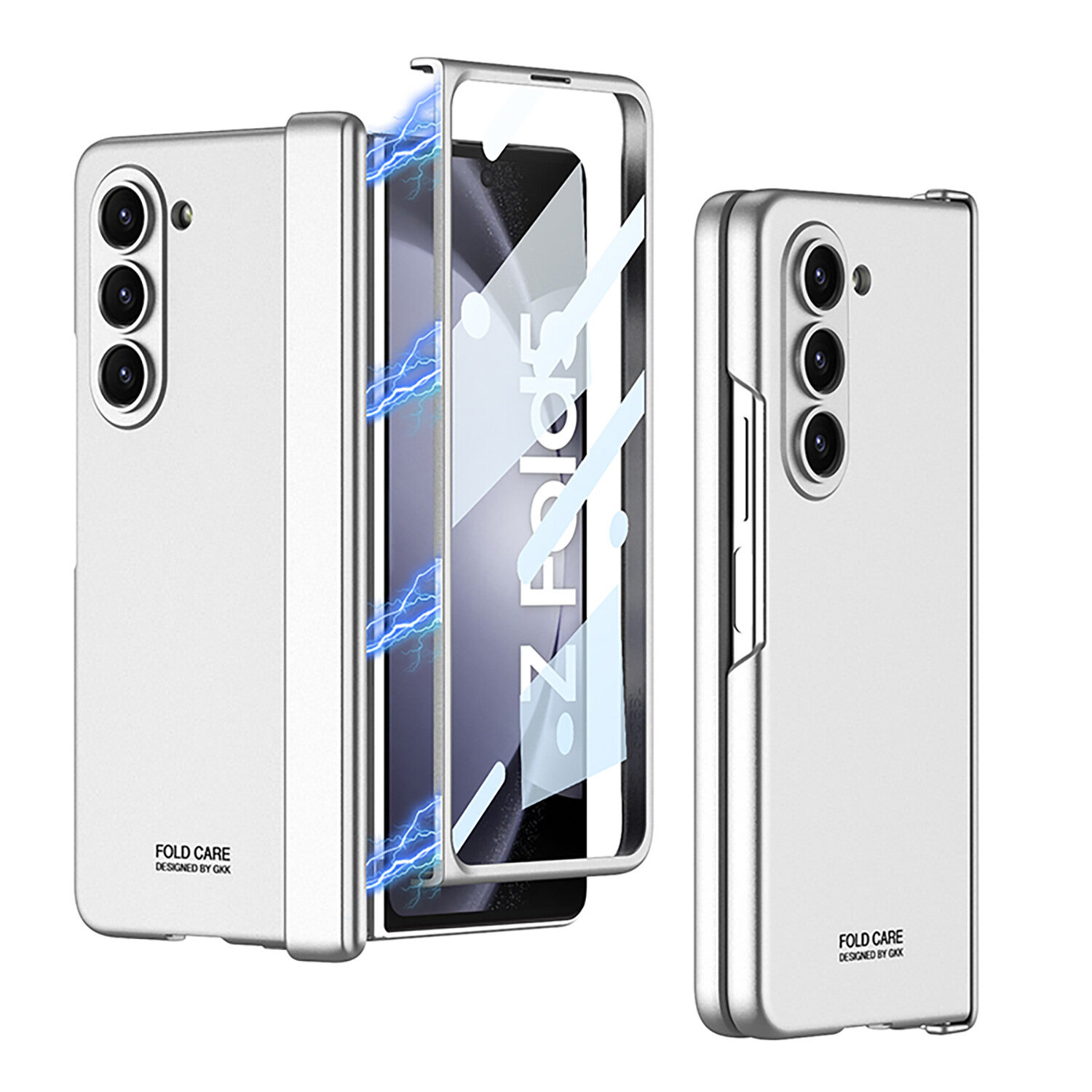 Прочный поликарбонатный чехол для Samsung ZFold5 с полной защитой, защитой шарнира и защитным стеклом - Серебристый