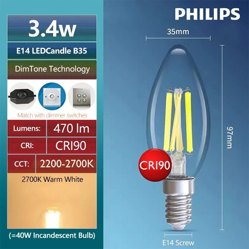 Philips LED Candle B35 E14 3.4W, CRI90, 2200-2700K, диммируемая