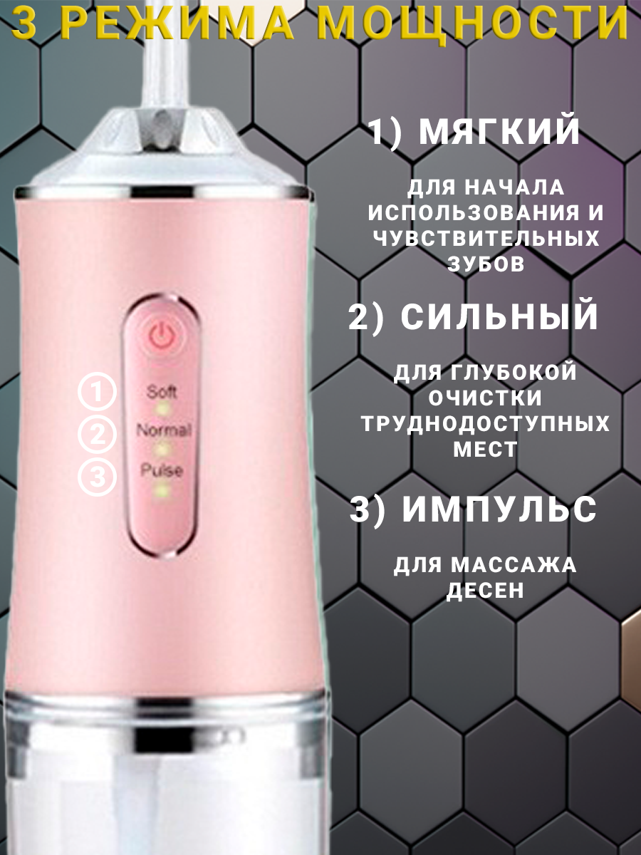 Ирригатор для полости рта и зубов для зубов, 4 сменных насадок, 3 режимов для чистки зубов и брекетов языка, розовый