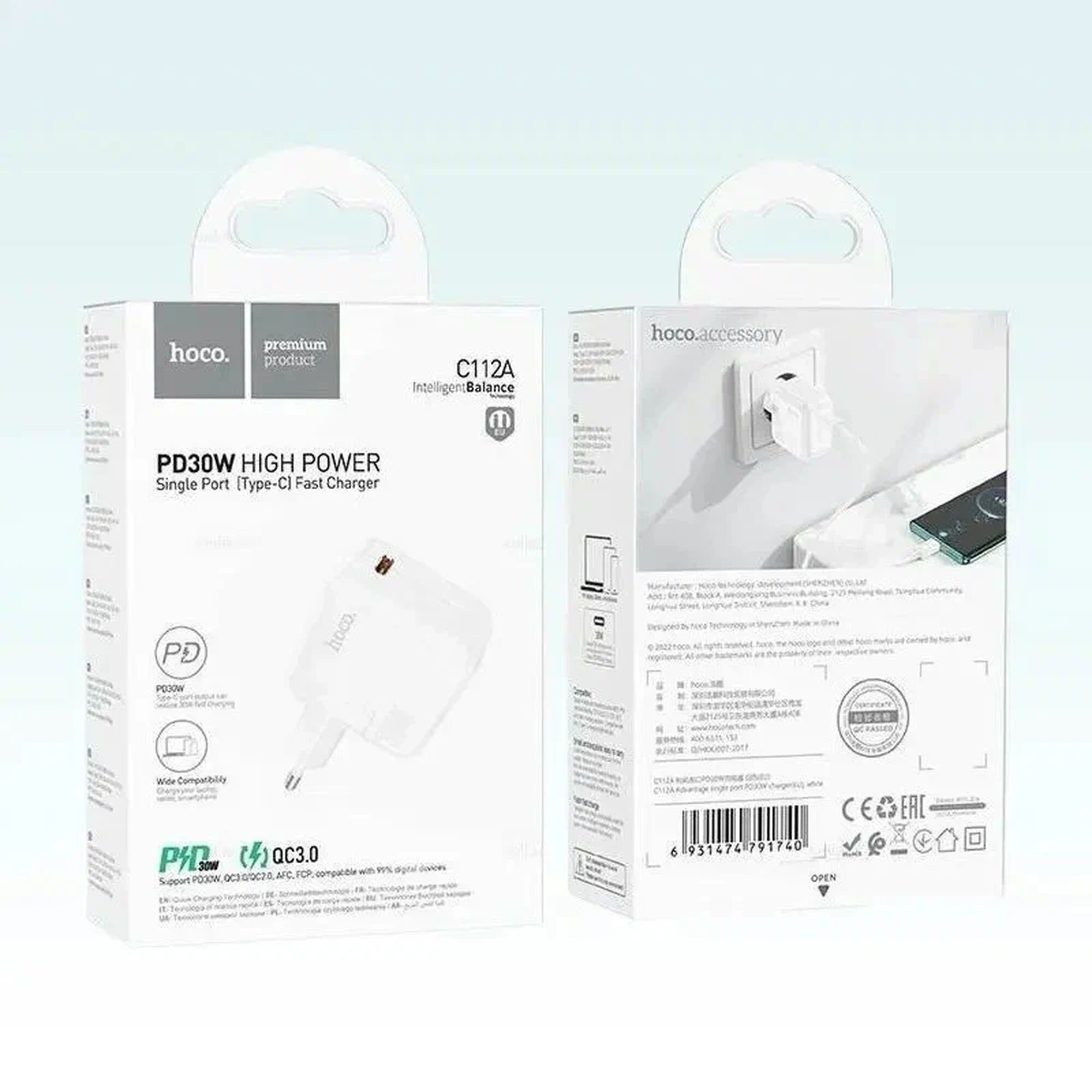 Быстрое сетевое зарядное устройство Hoco C112A Advantage PD 30W Type-C Белый