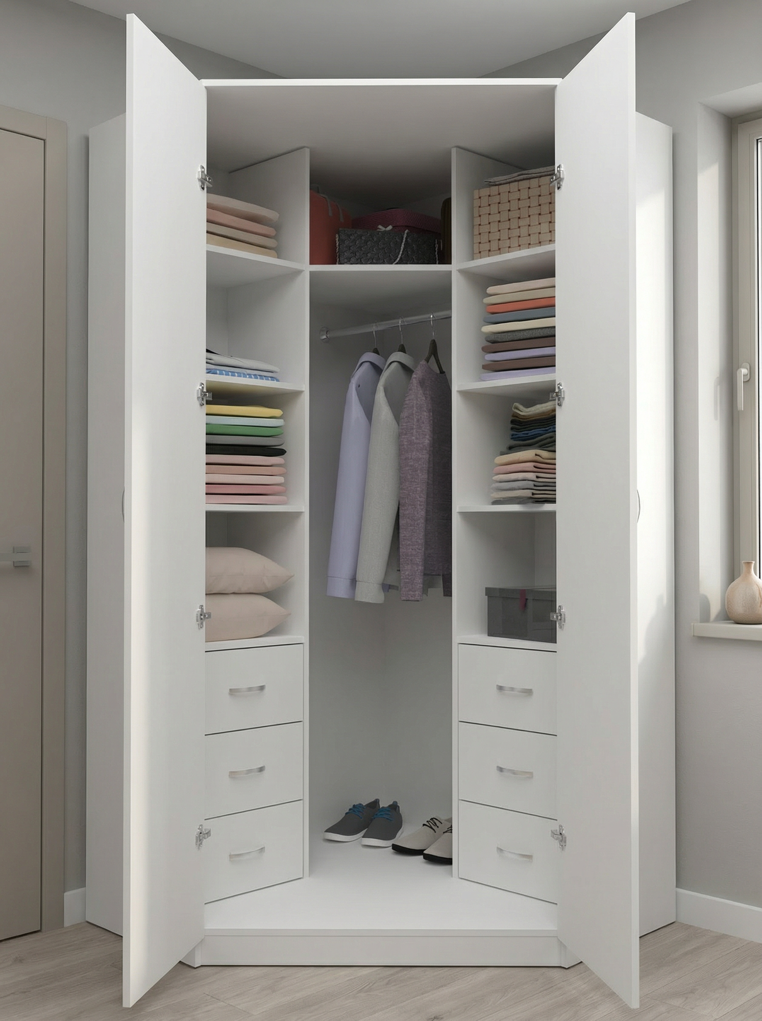 Шкаф угловой распашной Анри-3 с 6 ящиками, 9 полками и штангой для вешалок, белый