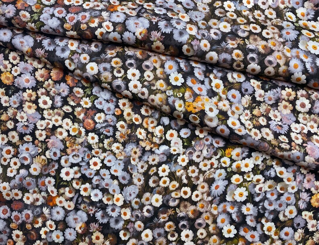 Ткань Шёлк серо-зелёного цвета с принтом цветы 46823