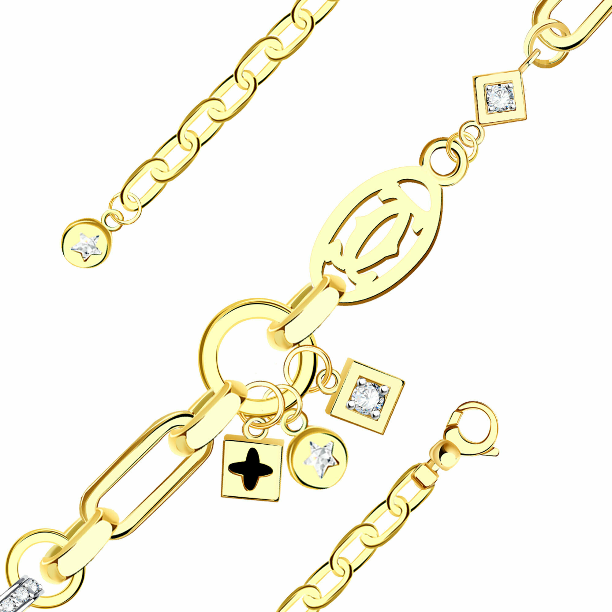 Браслет, серебро, 925 проба, золочение, фианит