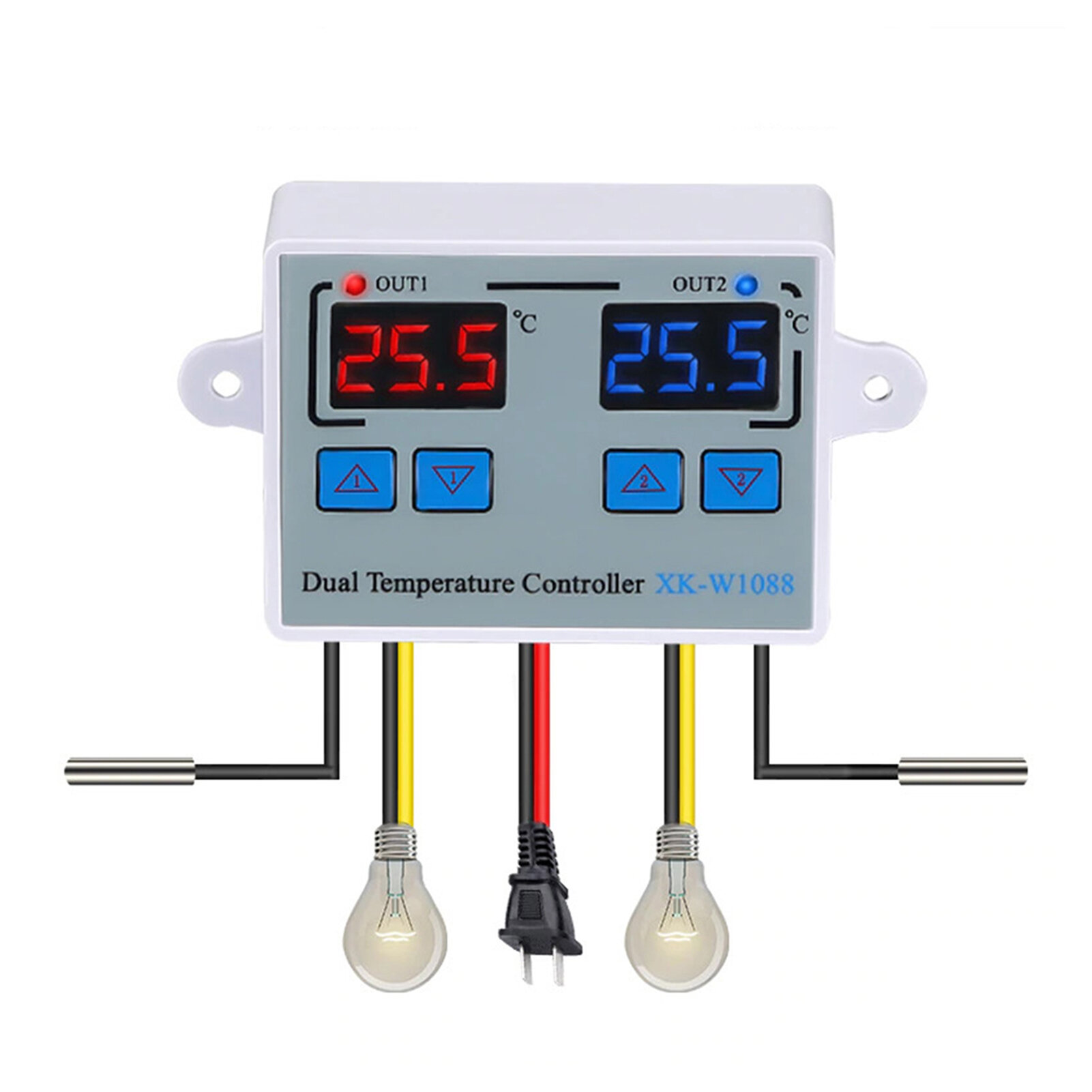 Двойной цифровой термостат контроллер температуры с двумя релевыми выходами терморегулятор для инкубатора нагрева охлаждения XK-W1088 DC12V 7.5*5.5*3.1cm 80g 1шт термостат 2шт водонепроницаемые датчики