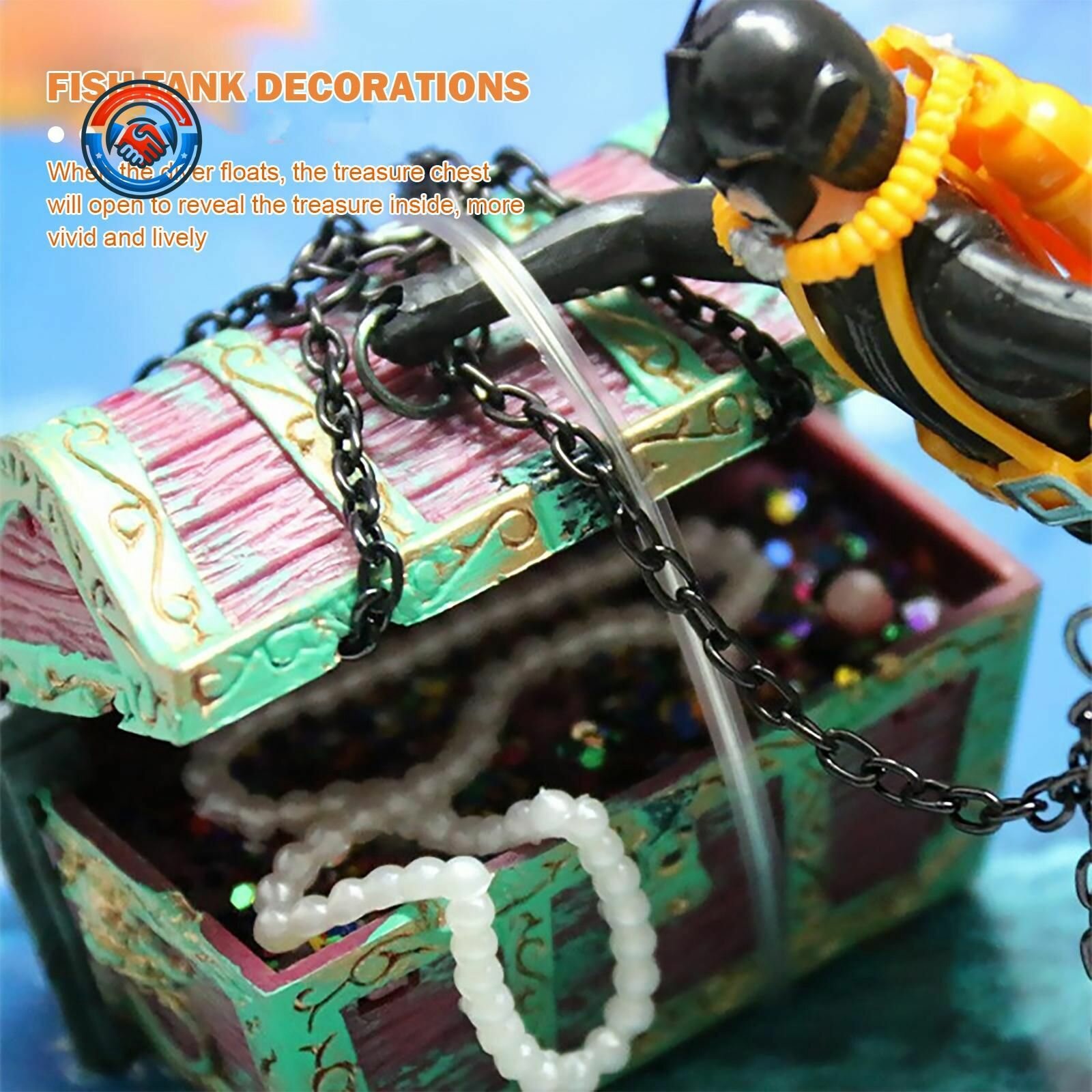 Аквариумная декорация движущийся водолаз и сундук с сокровищами, барботажный комплект для пресной и морской воды, подводное украшение с аэрацией