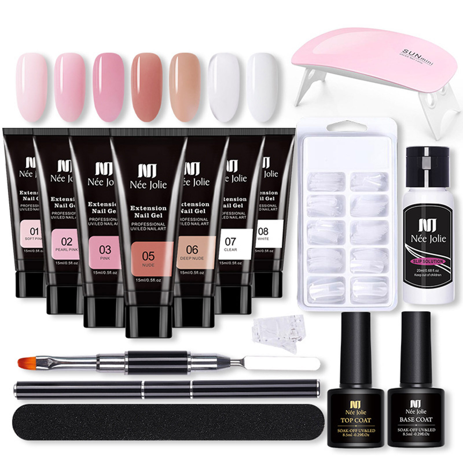 Набор для наращивания ногтей с гелем 15мл, мини-лампой УФ, кистью, ложными наконечниками ногтей, клипсами, базовым и топовым покрытиями, раствором для смазывания, Poly Extension Gel 15мл*7, Base Coat 8.5мл, Top Coat 8.5мл, Slip Solution 20мл, размер
