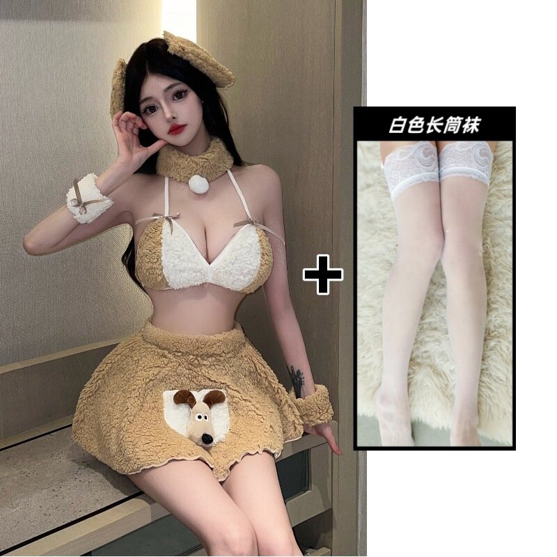 Новогодний боевой халат, сексуальное нижнее белье, милый плюшевый медведь, аниме-униформа, женский комплект для ночного клуба, снимать не нужно. Плюшевая девушка-зайчик + белые чулки.