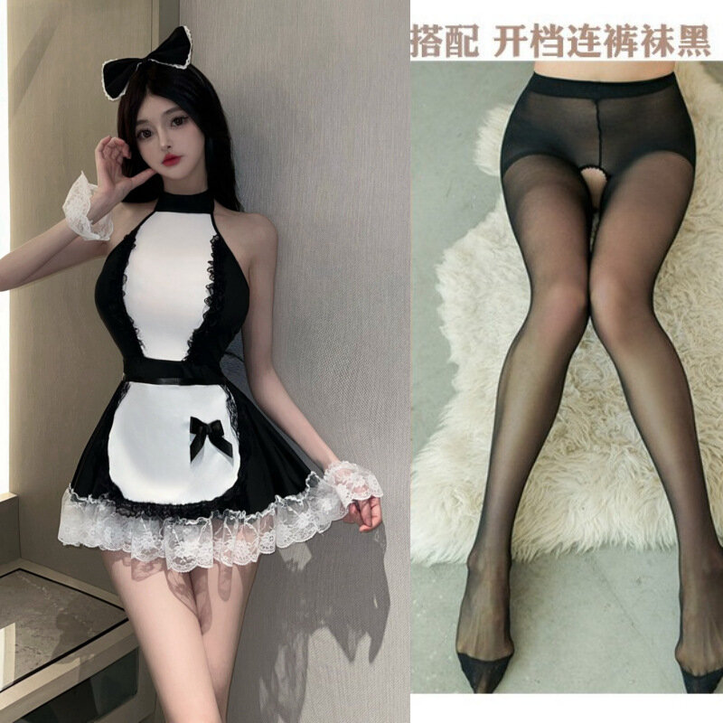 Сексуальный костюм горничной/униформа горничной/комплект для ролевых игр с глубоким V-образным вырезом и кружевом. Горничная + черные чулки с открытой промежностью.