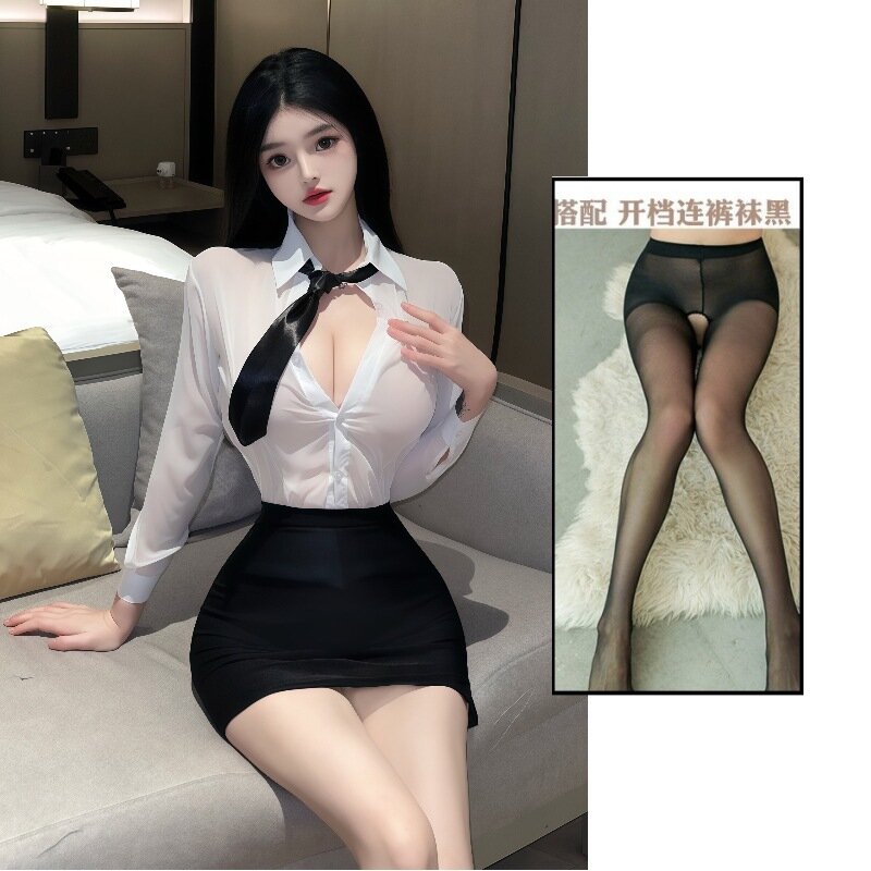 Сексуальный комплект нижнего белья: униформа секретарши, соблазнительный и страстный комплект в стиле БДСМ: облегающая юбка и черные чулки с открытой промежностью.