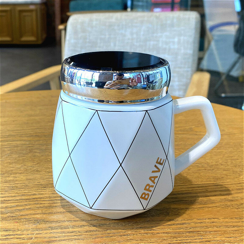 Кружка в скандинавском стиле с крышкой и ложкой для домашнего использования, для мужчин и женщин, завтрак, кофе, керамическая чашка для воды, подарок