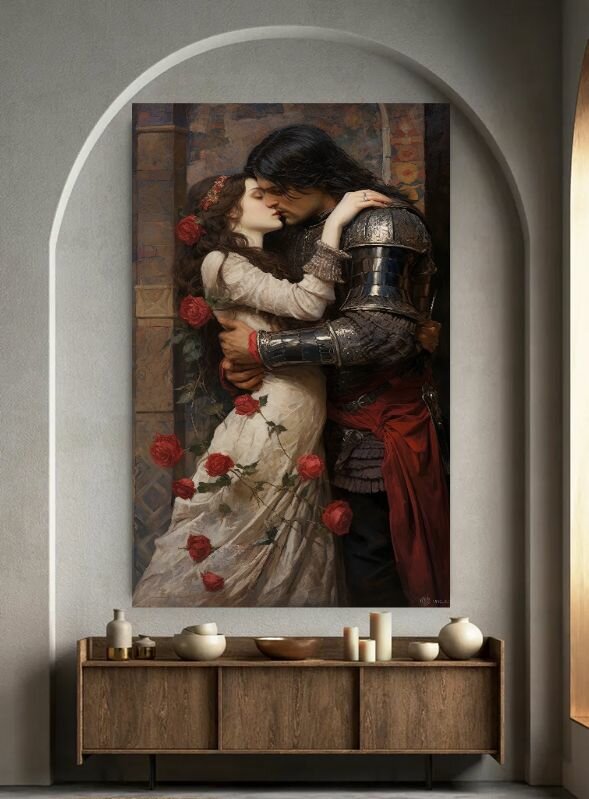 Картина на натуральном холсте, покрыта лаком , 40*70, рыцарь и девушка