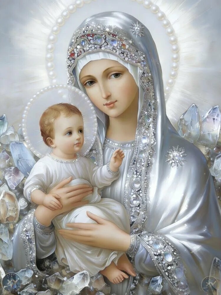 Алмазная картина "Богородица с Младенцем", 40X50 см. Православная икона, золотые узоры.