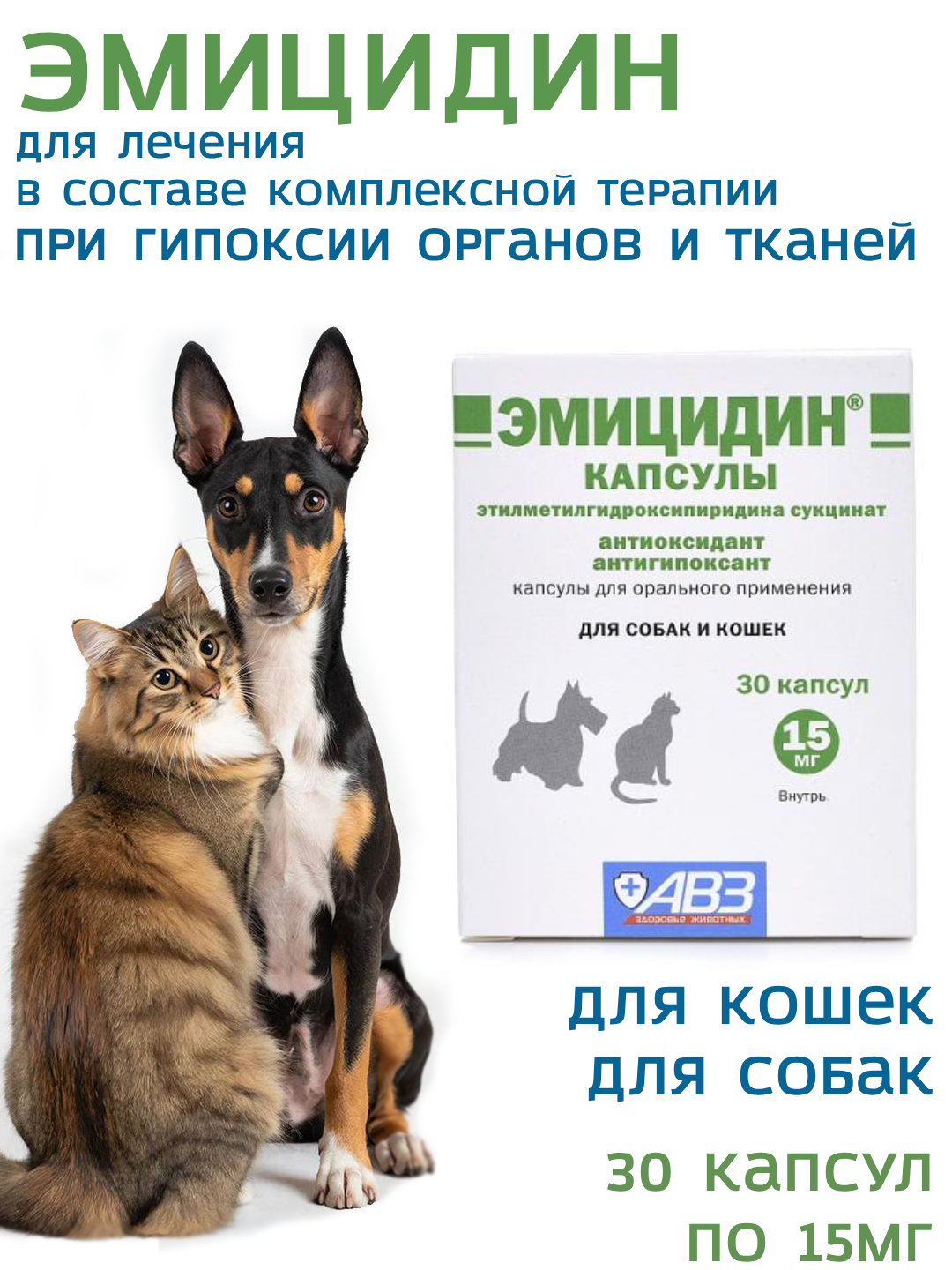 Эмицидин, антиоксидантный препарат, для кошек и собак, 15мг, 30 капсул