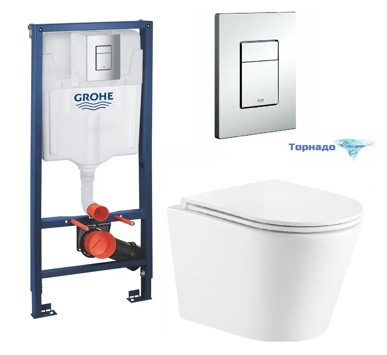 Комплект ПЭК подвесной унитаз (система смыва торнадо) с быстросъемным сиденьем микролифт и инсталляцией GROHE Rapid SL с квадратной кнопкой хром 38772001