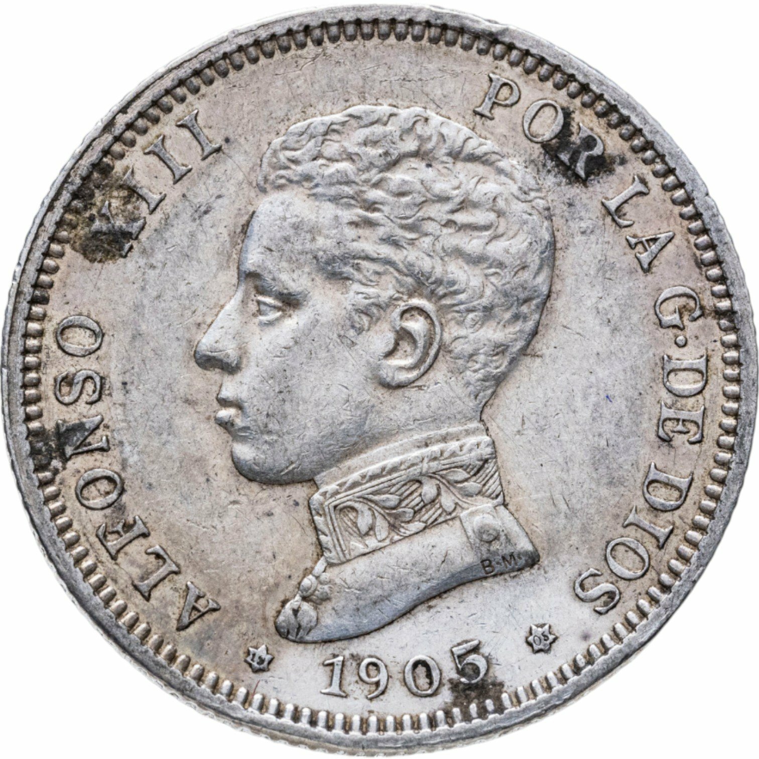Испания 2 песеты pesetas 1905, Серебро 835, в сохранности XF-AU