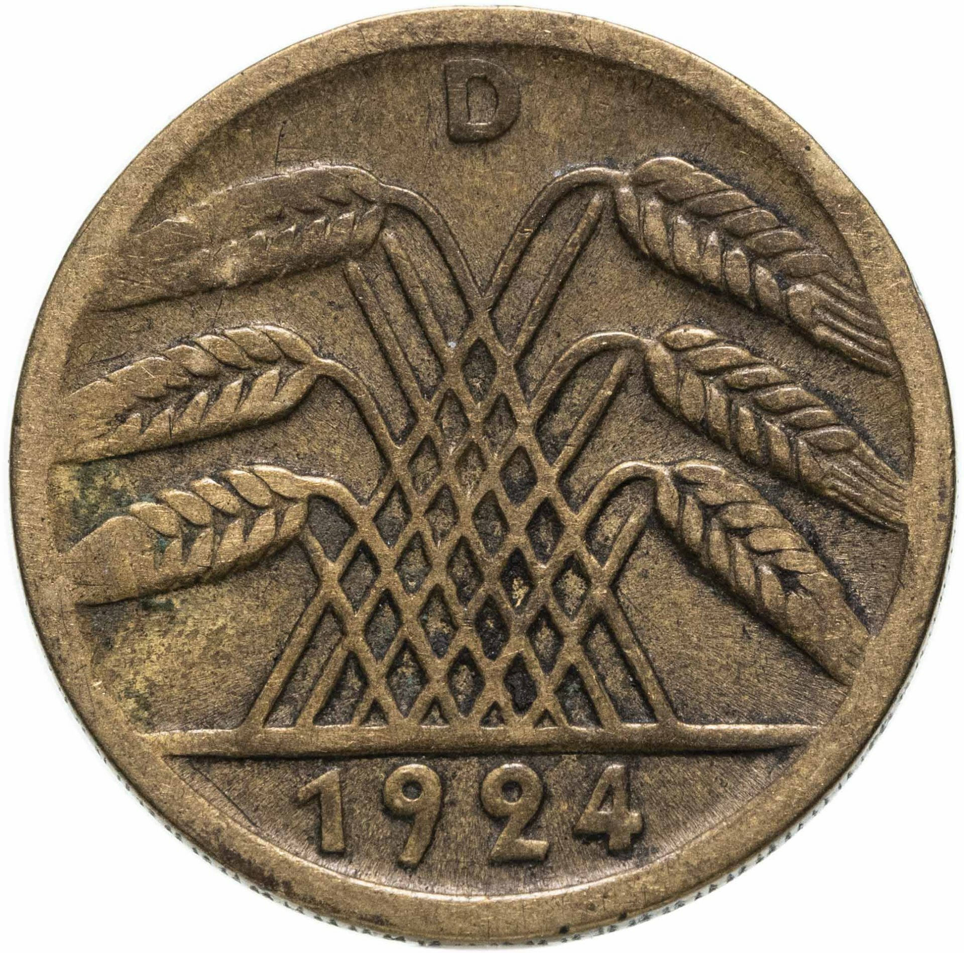 Германия 5 рентенпфеннигов 1924, знак монетного двора "D" — Мюнхен, Бронза, в сохранности VF-XF