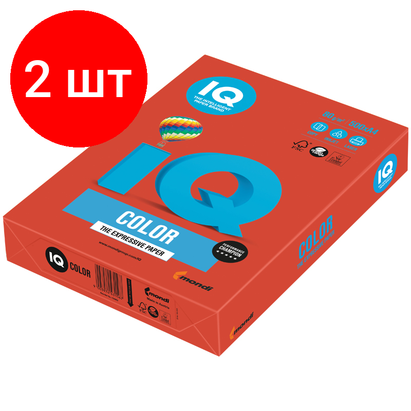 Комплект 2 шт, Бумага IQ "Color intensive" А4, 80г/м2, 500л. (кораллово-красный)
