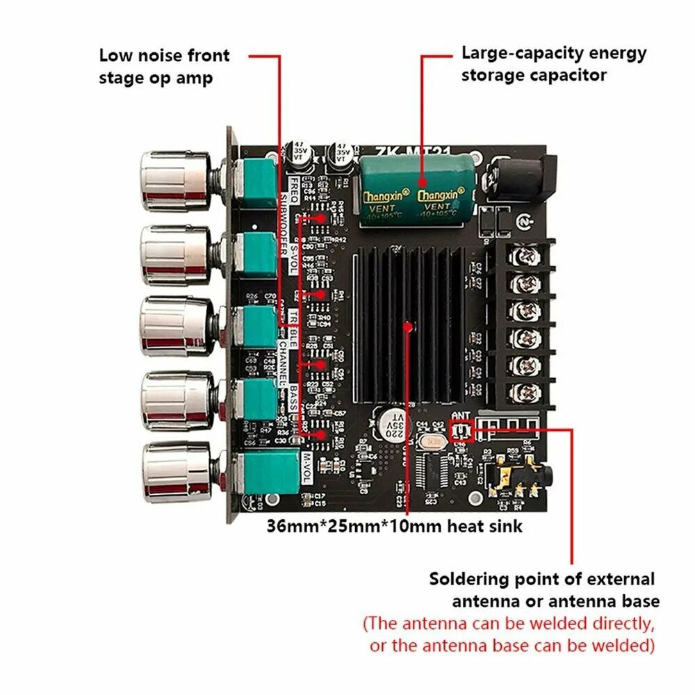 Цифровой усилитель ZK-MT21, 2.1 канала, Bluetooth 5.0, стабильное питание