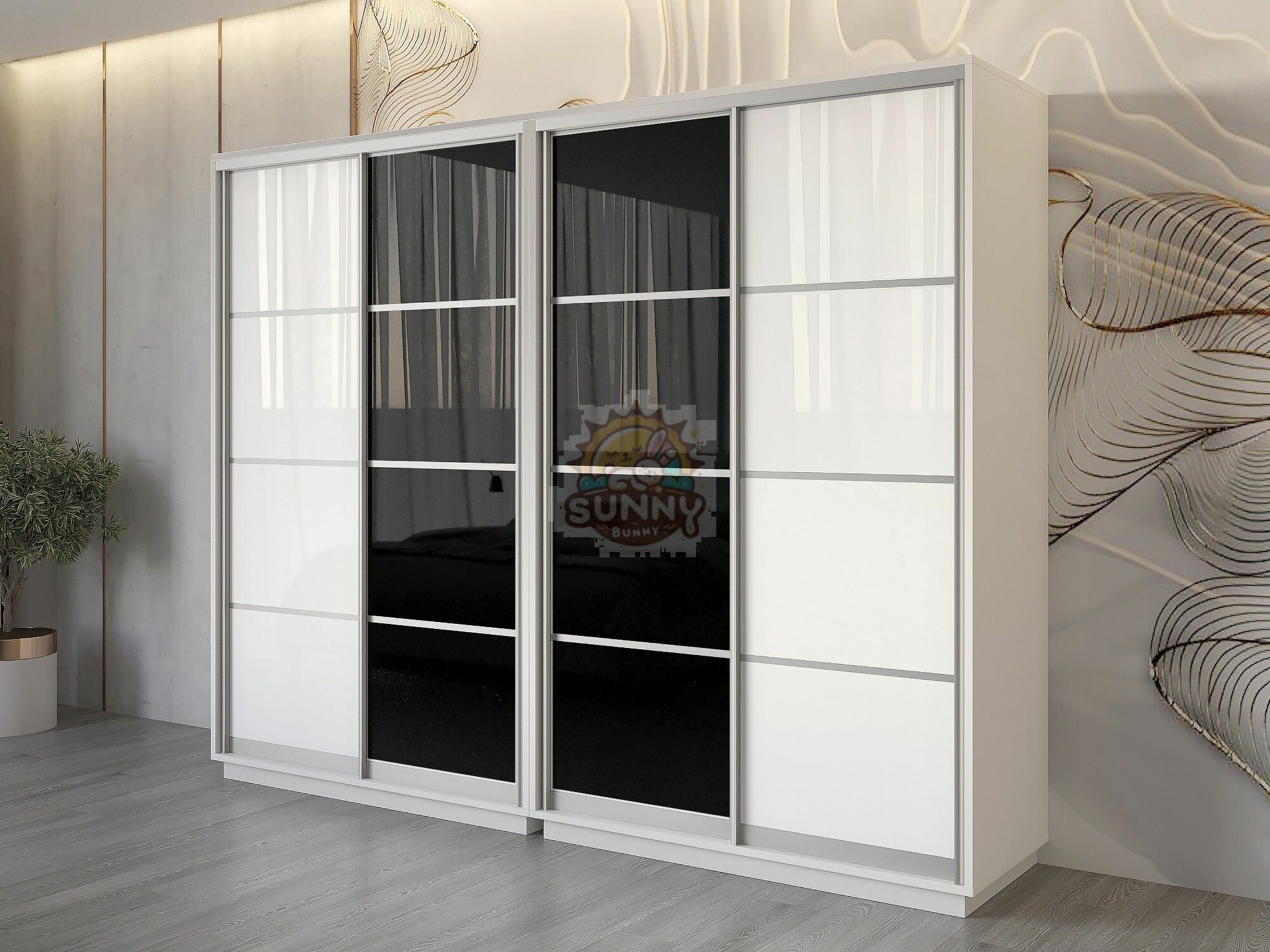 Шкаф-купе Флорида 4дв. (2+2) Стекло белое 2/Стекло черное 2, профиль серебро, 280х60х220 см. Белый снег