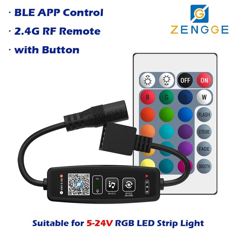 RGB контроллер для LED ленты с RF пультом, 5-24V