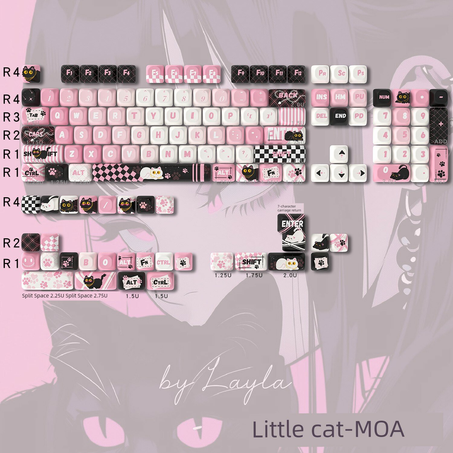 Кейкапы Little Cat MOA, черно-розовые, милый и крутой стиль, PBT, сублимационная печать, для механической клавиатуры,