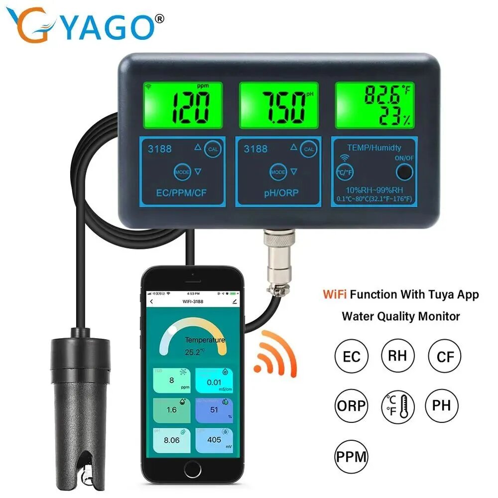 Тестер качества воды для аквариума, 7 в 1 WiFi Умный PH метр, Монитор ORP/TDS/RH/EC/CF/TEMP для питьевой воды в бассейне