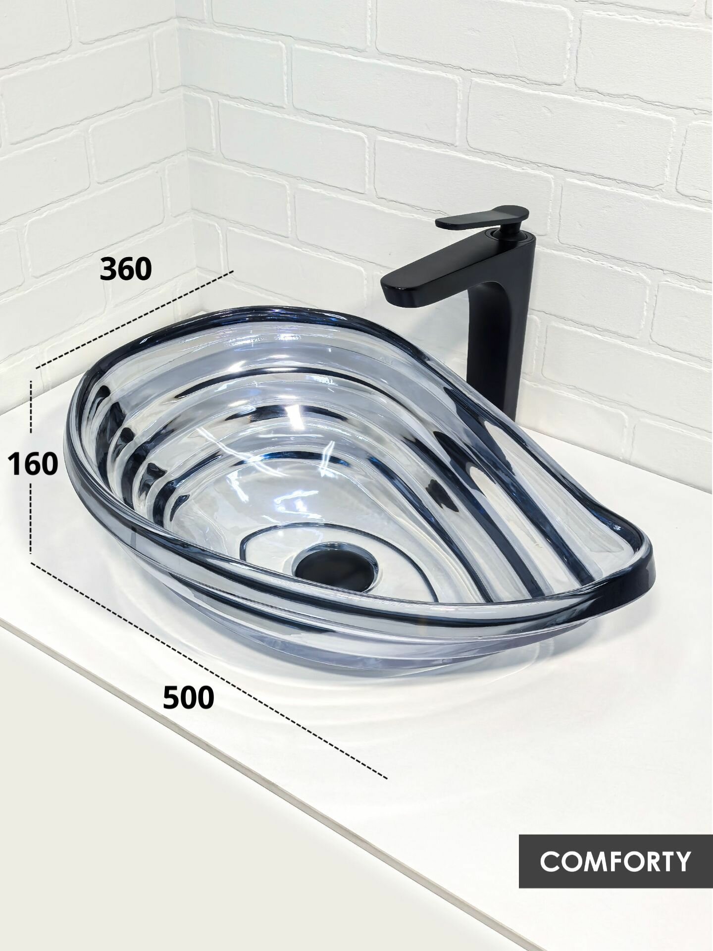 Раковина стеклянная накладная 50 см для ванной, голубая, Comforty CF1G65