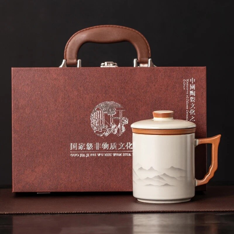 Подарочная чайная чашка Жу Яо — дизайн «Далёкие горы», матовая, с крышкой, для медитации, коллекционный предмет