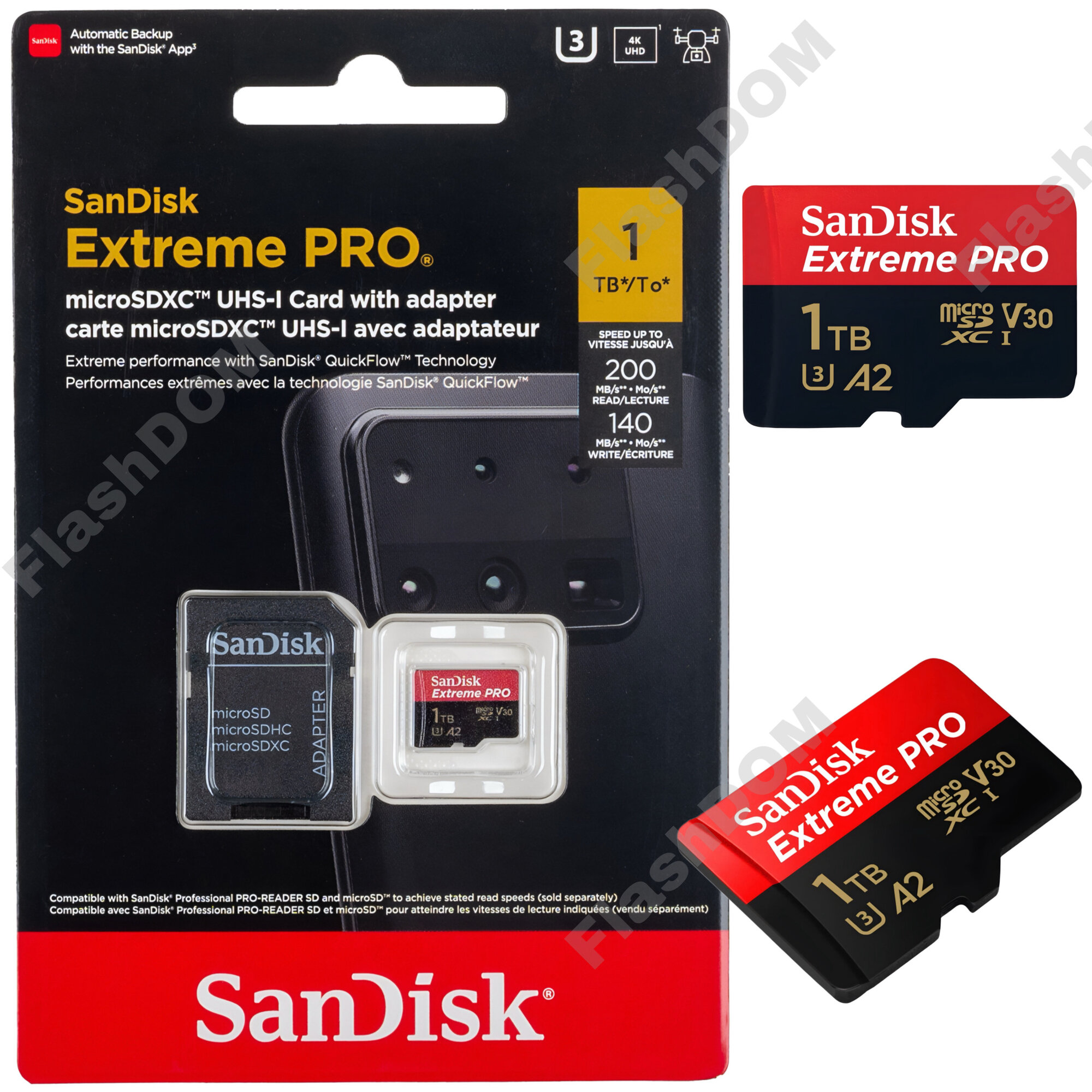 Карта памяти SanDisk Extreme PRO microSDXC 1 ТБ Class 10 UHS-I U3, V30, A2 (R/W 200/140 Mb/s) + SD адаптер
