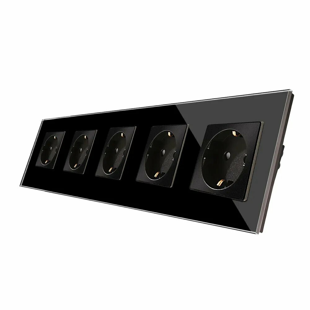 Розетка электрическая 5 поста с заземлением, розетки 250V 16A, панель закаленное стекло, черный, 1 шт