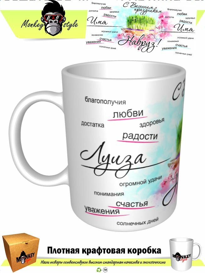 Кружка принтом «Луиза. С весенним праздником Навруз!», 330 мл, белая кружка Премиум качества, авторский принт