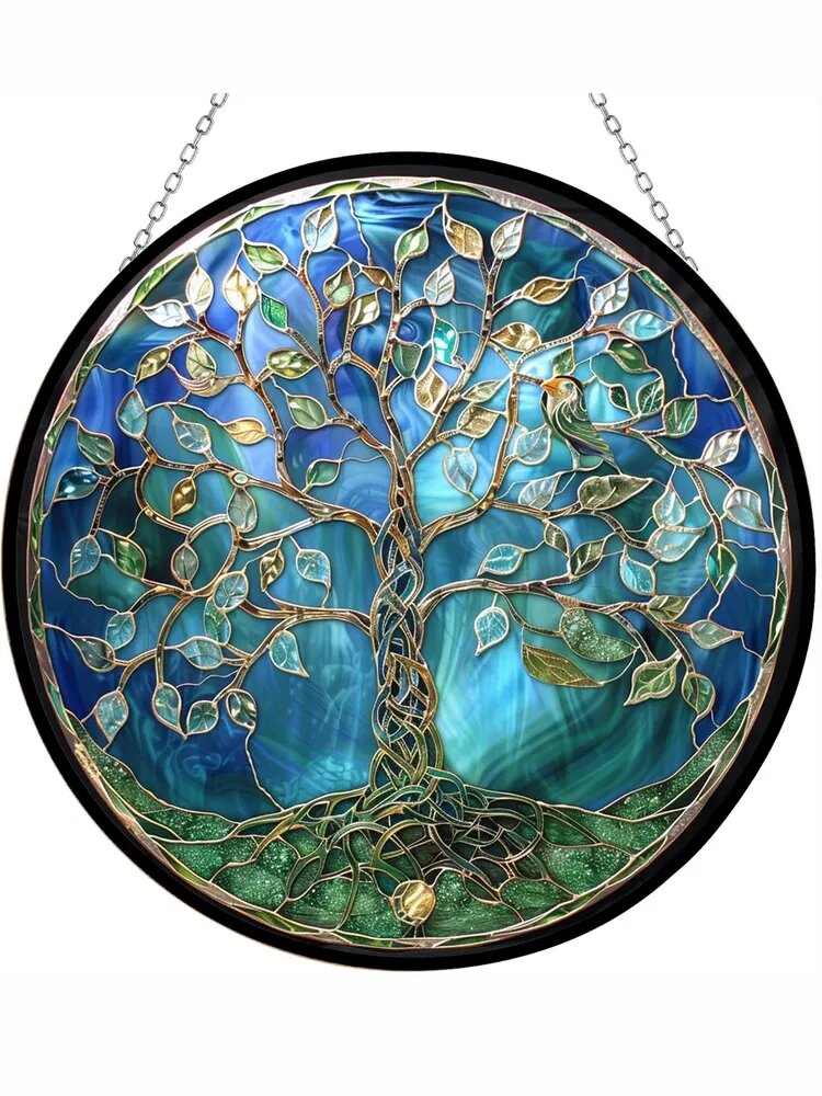 Подвеска из витражного стекла, дерево жизни с красными птицами, солнечный ловец 25 см, декор окна, подарок женщине