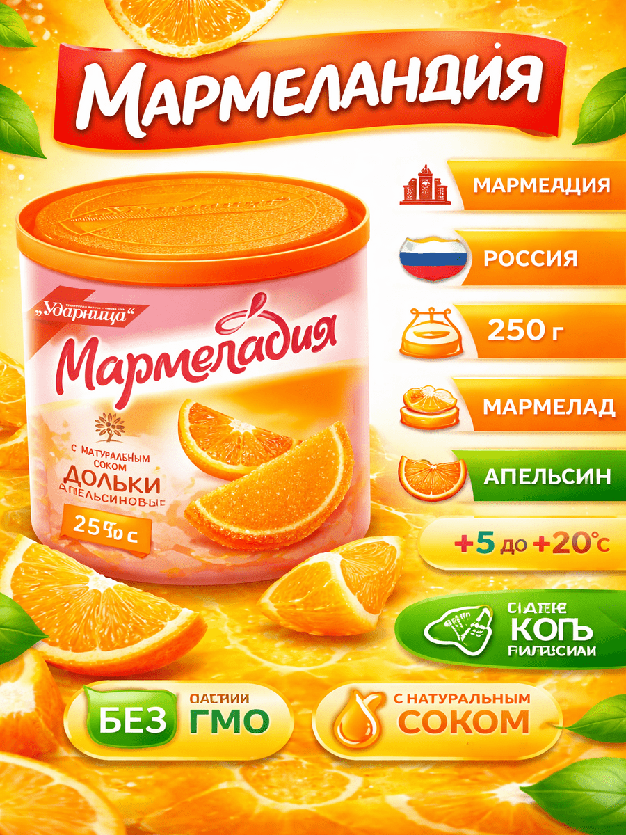 Мармелад Мармеландия Апельсиновые дольки с натуральным соком, 250г