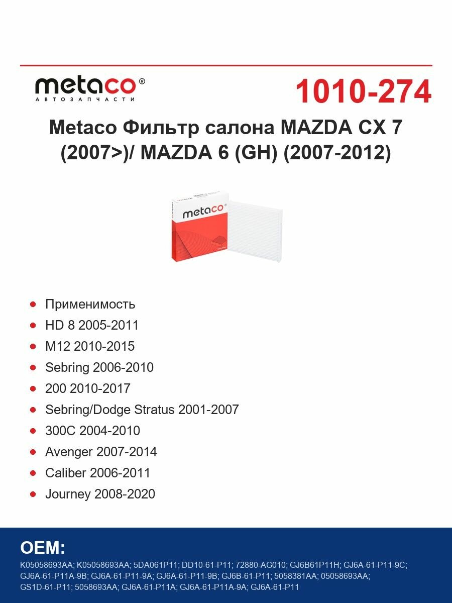 Metaco Фильтр салона MAZDA CX 7 (2007>)/ MAZDA 6 (GH) (2007-2012)