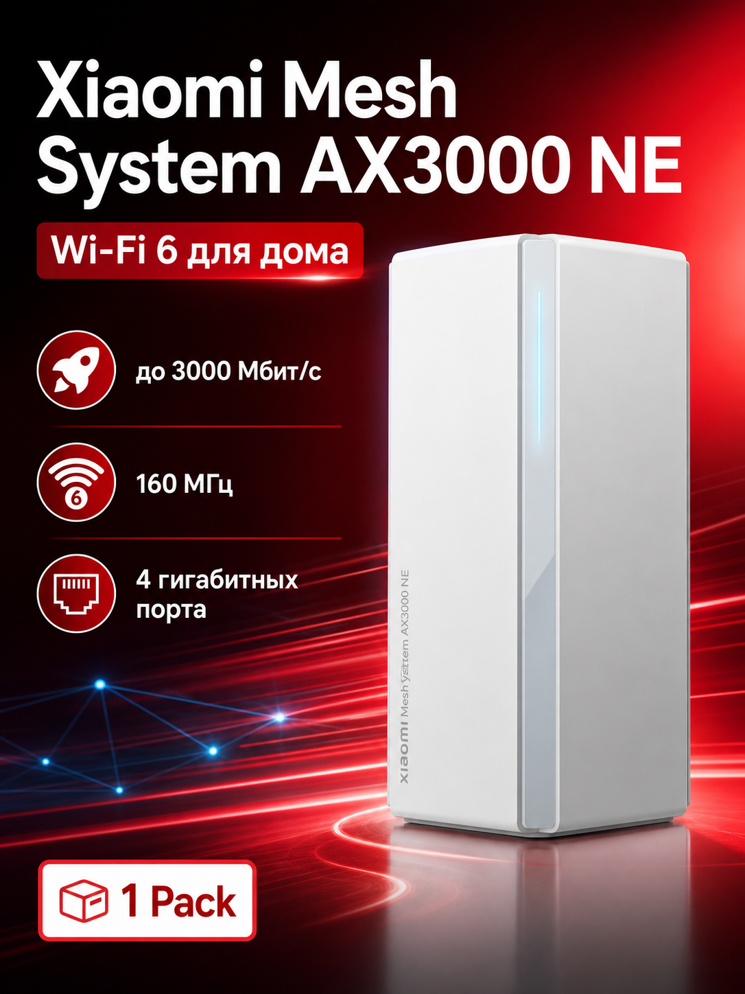 Wi-Fi роутер Xiaomi Mesh System AX3000 NE 1 Pack RU, Wi-Fi 6, до 3000 Мбит/с, 160 МГц, 4 гигабитных порта, NFC, (Global)