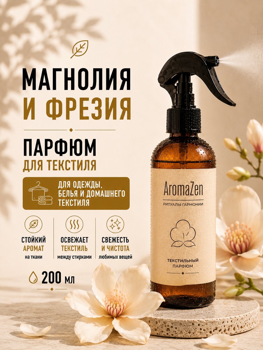 Текстильный парфюм Магнолия и Фрезия аромат для дома, одежды и белья AromaZen, 200 мл