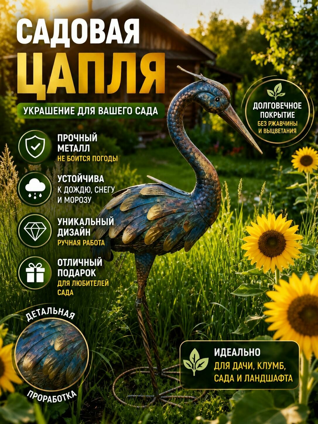 Металлическая статуя Журавль для сада, декор дачи, зимостойкая уличная скульптура, ландшафтный дизайн