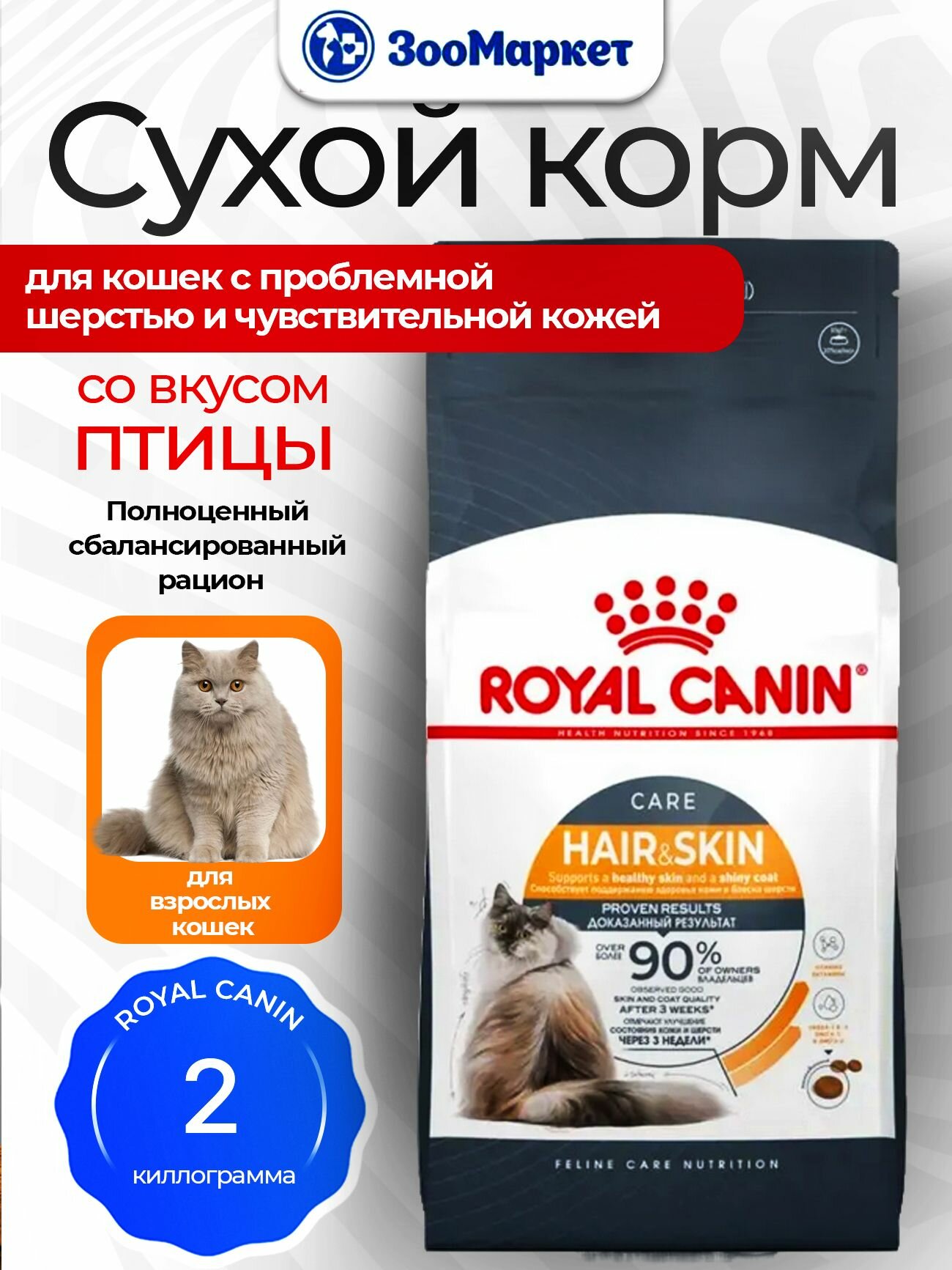 Сухой корм для взрослых кошек Royal Canin Hair & Skin Care для кошек с проблемной шерстью и чувствительной кожей - 2кг