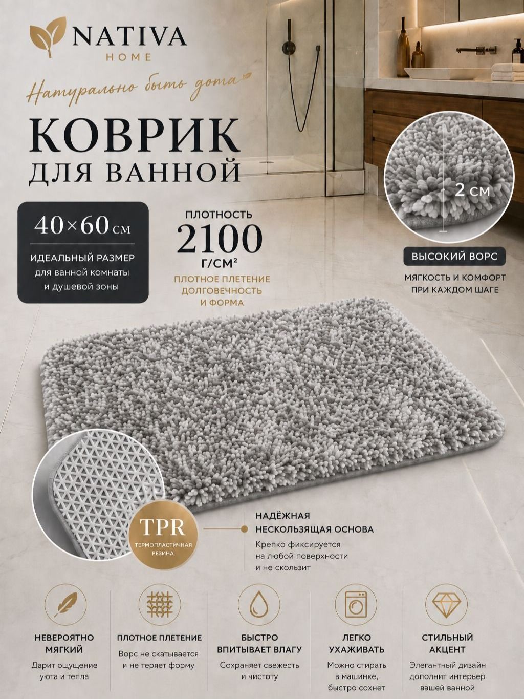 Товар для повседневного использования, NATIVA HOME Коврик для ванной 40x60 см 20 мм белый, для повседневных задач