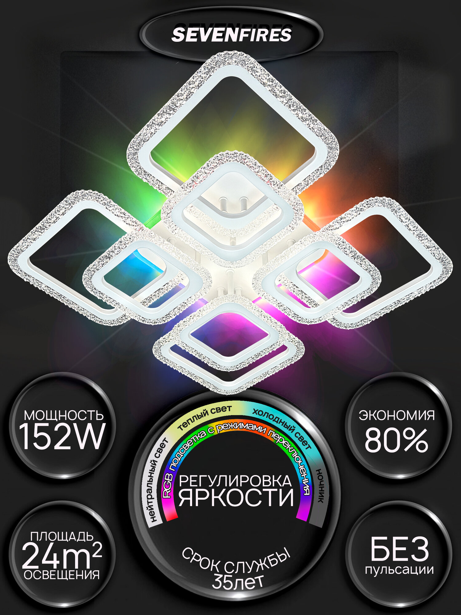 Люстра потолочная светодиодная Семь Огней, белая с пультом и RGB подсветкой