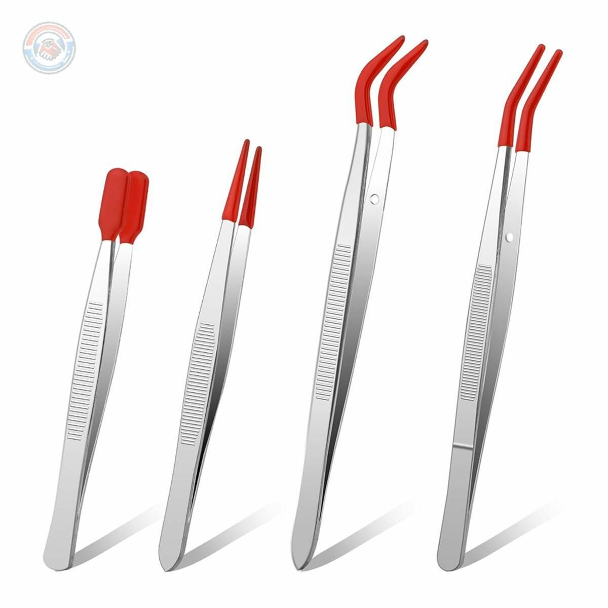 Набор из 4 универсальных пинцетов с антискользящими резиновыми наконечниками для ювелирных работ и мелких деталей, плоский пинцет с прямыми кончиками, нержавеющая сталь, красный