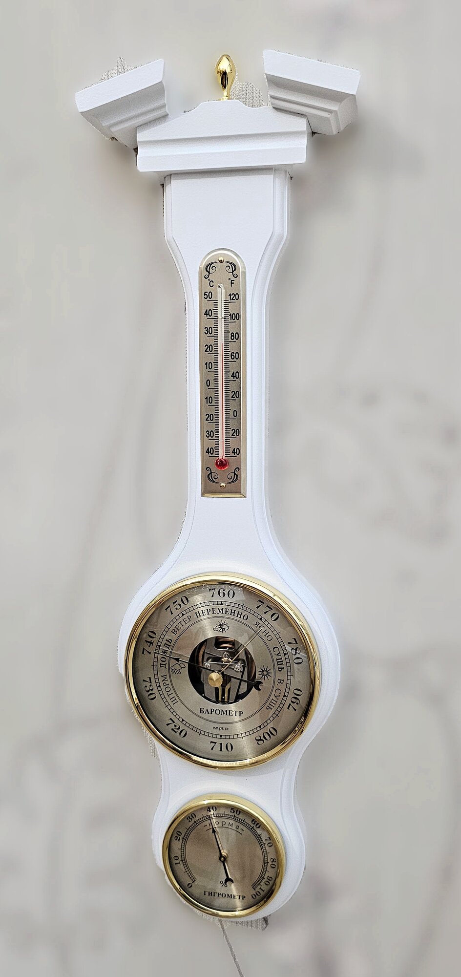 Метеостанция настенная механическая домашняя барометр термометр гигрометр смич БМ52 белая массив дерева размер 13х48х4 см