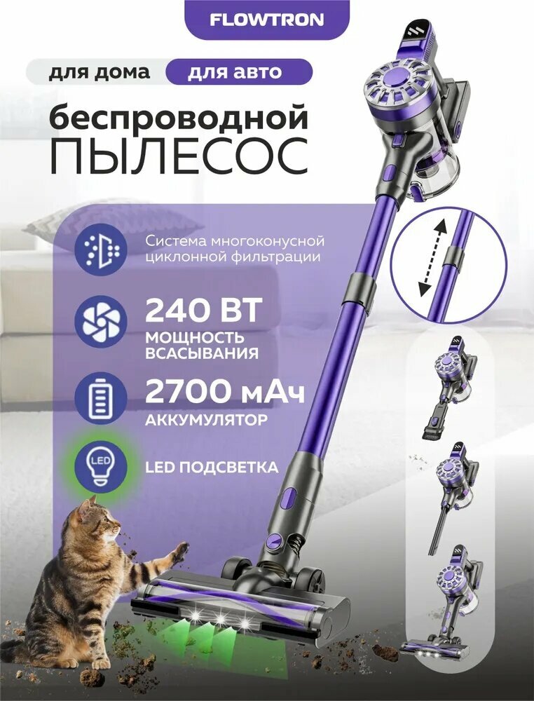 Пылесос вертикальный беспроводной для сухой уборки, лазерная подсветка, съемный аккумулятор