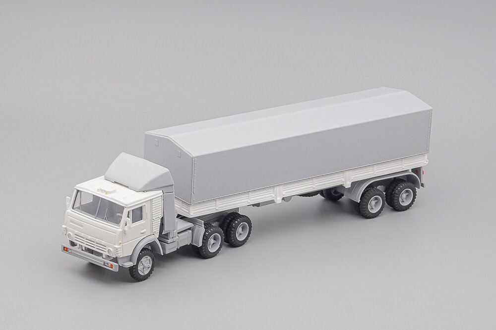 Модель коллекционная элекон Камский 5410 с полуприцепом и тентом, кабина белая / спойлер серый / тент серый