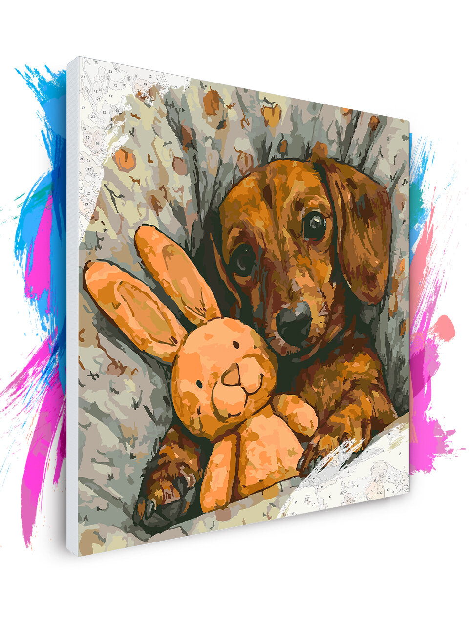 Картина по номерам на холсте Такса с плюшевым зайчиком, 40 х 40 см